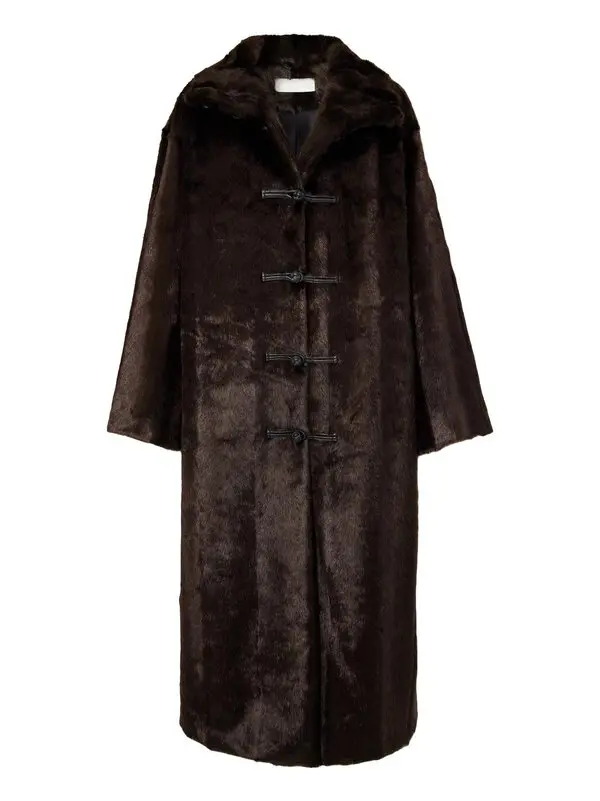 RÓHE Leather-trimmed Plush Longline Coat - Brown