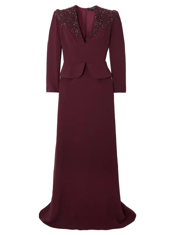 Jenny Packham Night Flowering Embellished Stretch-crepe Gown - Burgundy