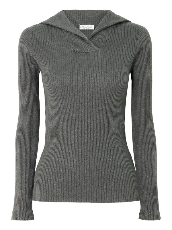 Brunello Cucinelli Ribbed Metallic Cashmere And Silk-blend Top - Gray
