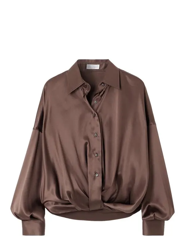 Brunello Cucinelli Gathered Silk-blend Satin Shirt - Brown