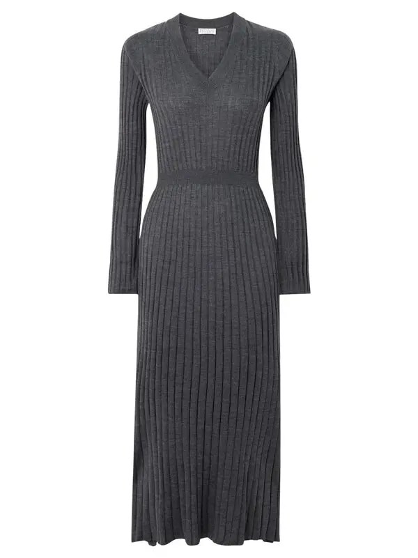 Brunello Cucinelli Ribbed Wool Midi Dress - Dark Gray