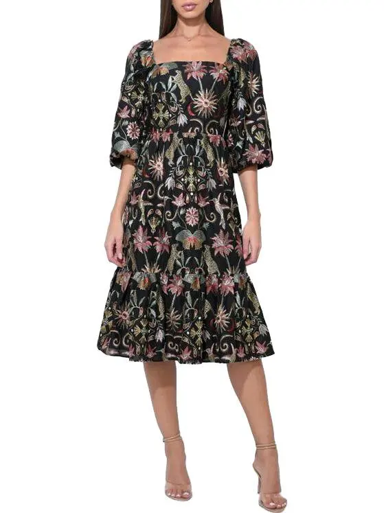 Adelyn Rae Floral Embroidery Cotton Midi Dress - Black