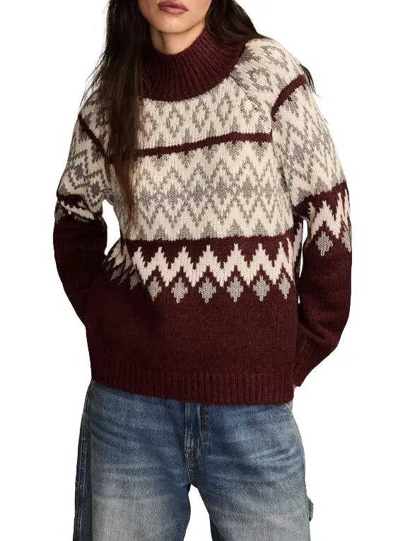 Lucky Brand Fair Isle Mock Neck Sweater - Burgundy Heather