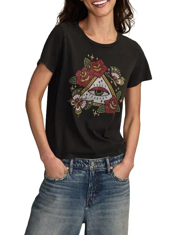 Lucky Brand Tattoo Pyramid Eye Rhinestone Graphic T-shirt - Jet Black