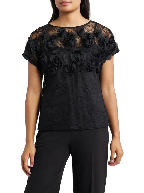 Anne Klein Rosettes & Lace Top - Asphalt