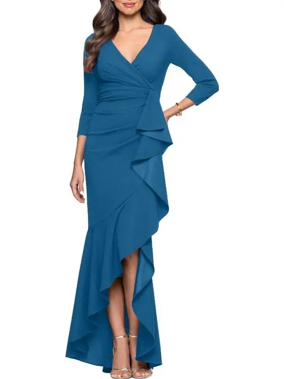 Betsy & Adam Ruffle Scuba Crepe Faux Wrap High-low Mermaid Gown - Azure