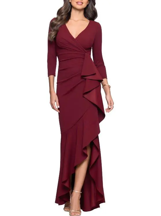 Betsy & Adam Ruffle Scuba Crepe Faux Wrap High-low Mermaid Gown - Bordeaux