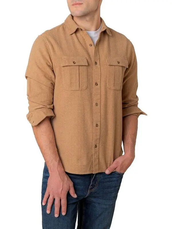 HOPE & HENRY Organic Flannel Double Pocket Button Down Shirt - Camel Herringbone