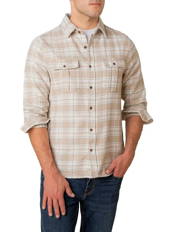 HOPE & HENRY Organic Flannel Double Pocket Button Down Shirt - Taupe Heirloom Plaid