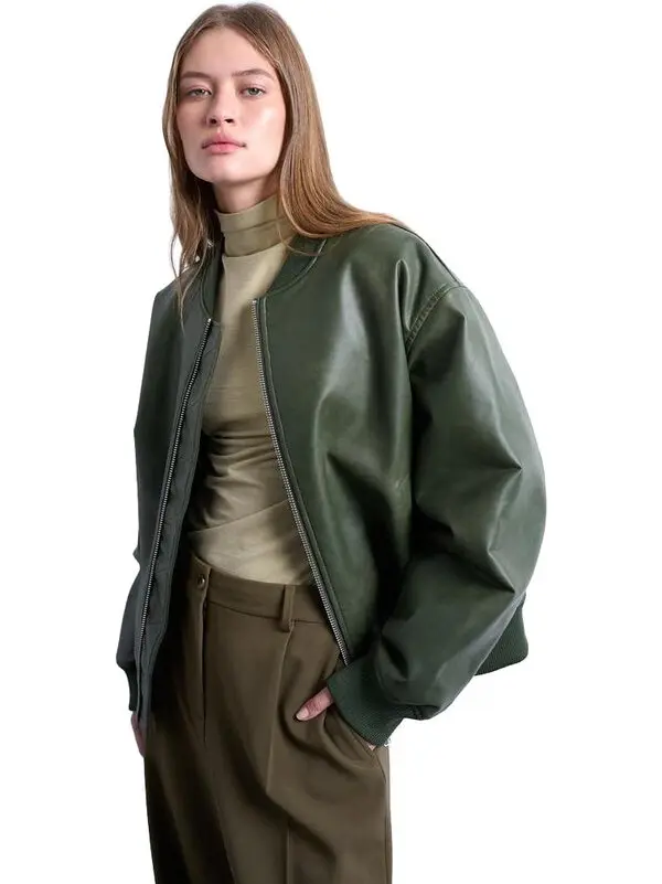 Topshop Oversized Faux Leather Bomber Jacket - Medium Green
