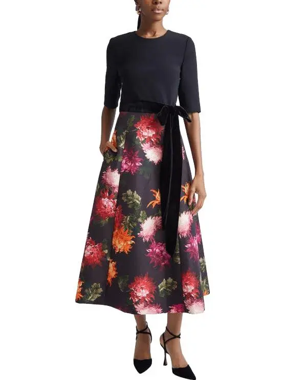 Carolina Herrera Chrysanthemum Print Crepe Fit-and-flare Midi Dress - Black Multi