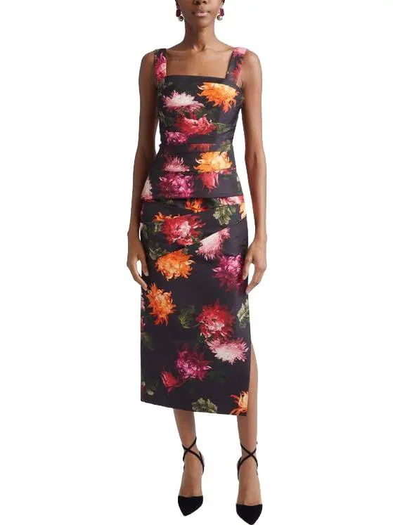 Carolina Herrera Chrysanthemum Print Pleated Faille Midi Dress - Black Multi