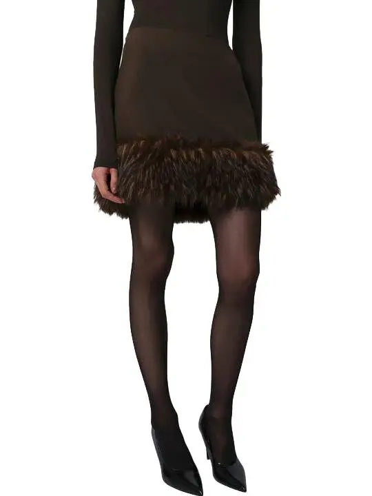 Apparis Meadow Stretch Crepe Miniskirt With Faux Fur Trim - Dark Brown/dark Brown