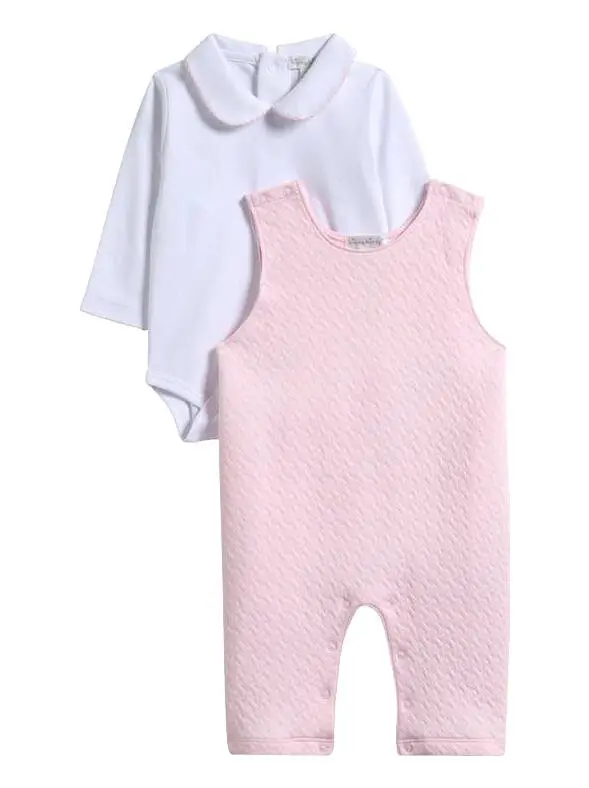 KISSY KISSY Peter Pan Collar Bodysuit & Jacquard Overalls Set - Pink/white