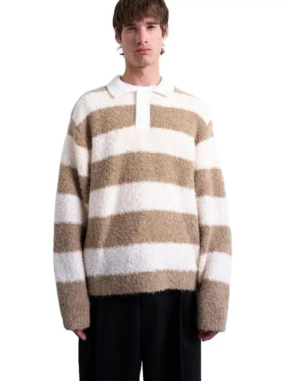 Topman Striped Bouclé Polo Sweater - Brown