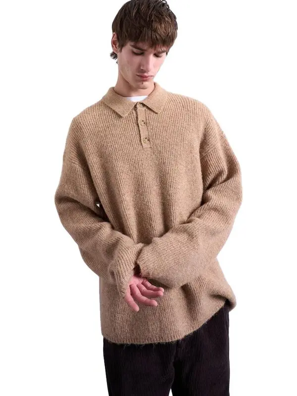 Topman Oversized Rib Polo Sweater - Stone