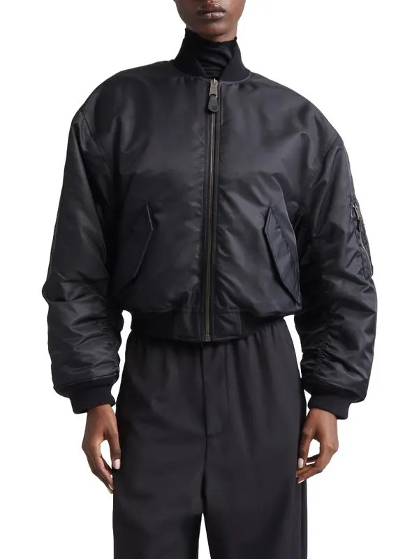 Balenciaga Ruched Sleeve Satin Bomber Jacket - 1000 Black