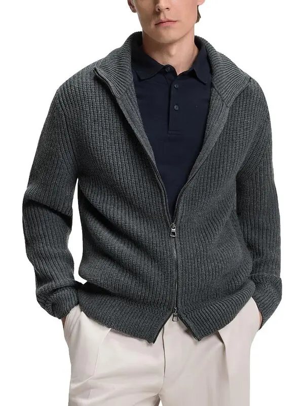 BOSS X Beckham Hilustre Ribbed Zip Front Sweater - Dark Grey