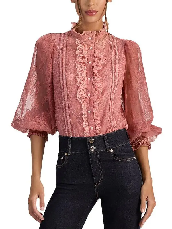 Alice + Olivia Eugenia Mock Neck Lace Top - Bohem Rose
