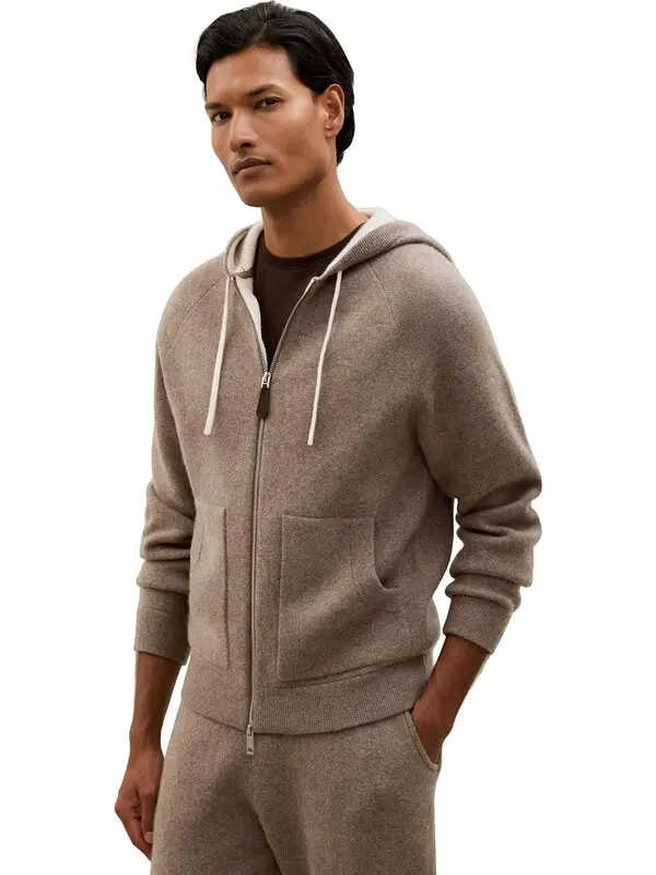 REISS Sheffield Atelier Cashmere-blend Zip Hoodie - Mouse Brown Melange