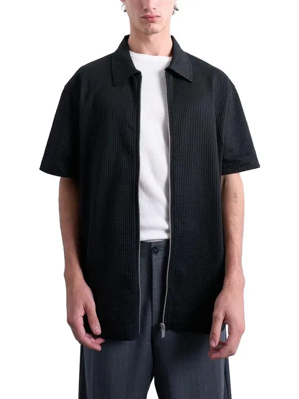 Topman Seersucker Zip-up Shirt - Black