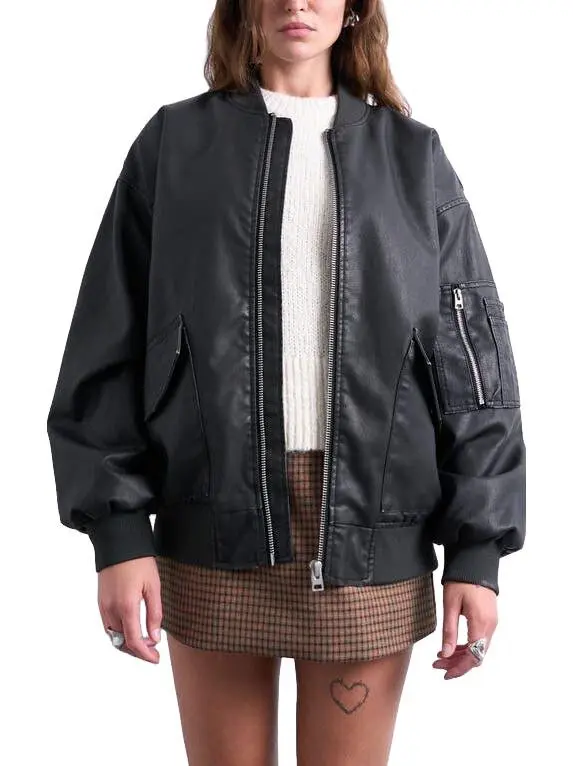 Topshop Oversized Faux Leather Bomber Jacket - Black