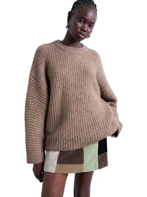 Topshop Balloon Sleeve Crewneck Sweater - Brown