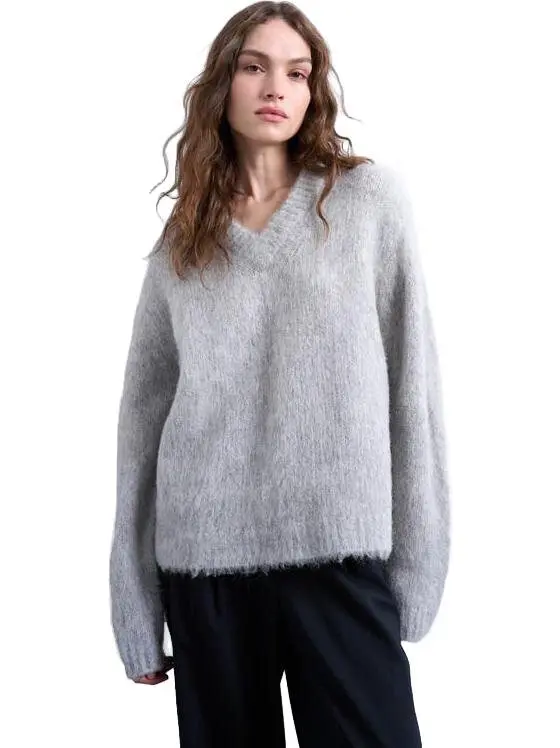 Topshop Fluffy V-neck Wool And Alpaca Blend Sweater - Light Grey