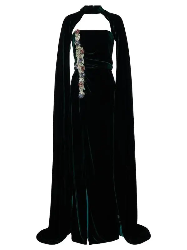Costarellos Brisha Caped Embellished Velvet Gown - Green