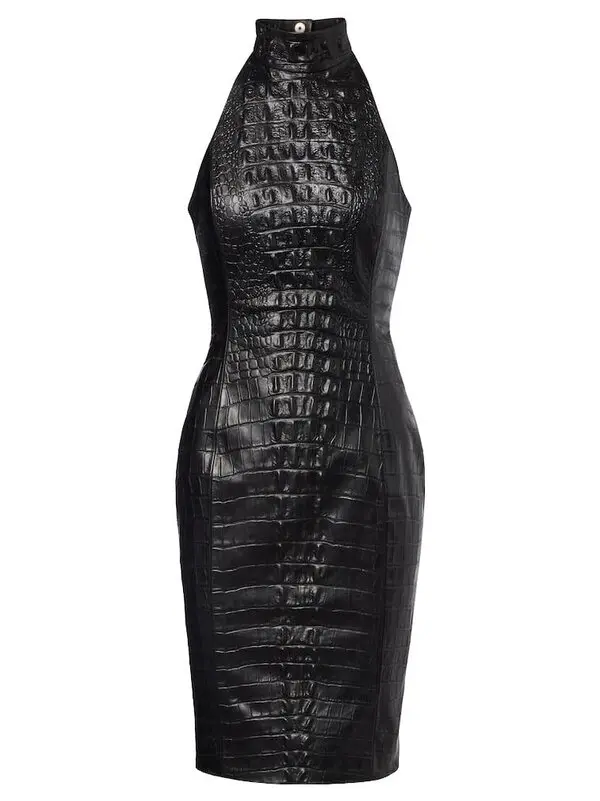Balmain Croc-effect Halterneck Mini Leather Dress - Black