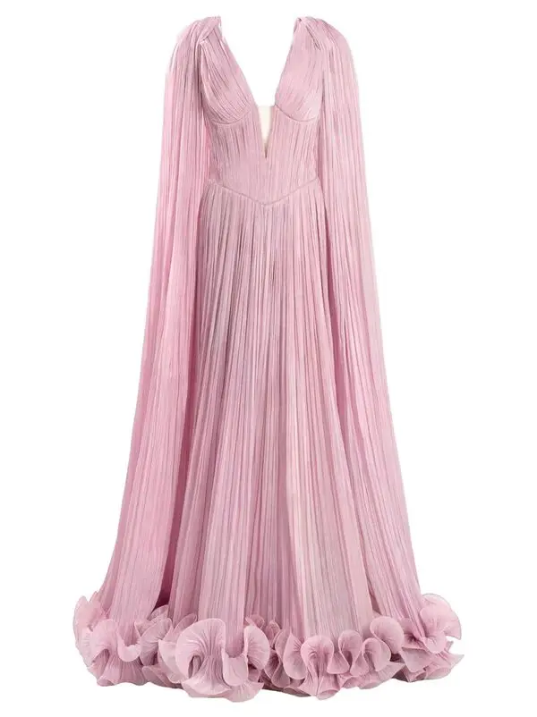ANA RADU Cape Pleated Ruffle Maxi Dress - Pink