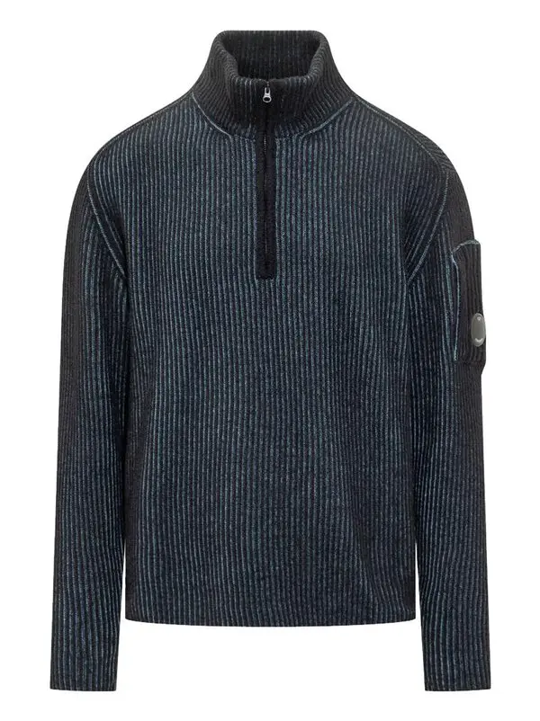 C.P. COMPANY Ribbed Knit With Half Zip And Lens Pocket - Blue