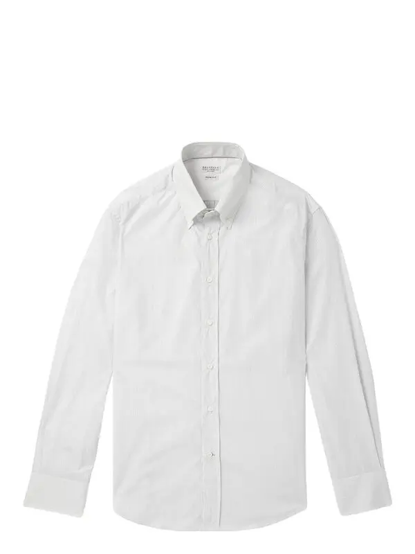 Brunello Cucinelli Slim-fit Button-down Collar Pinstriped Cotton-poplin Shirt - White