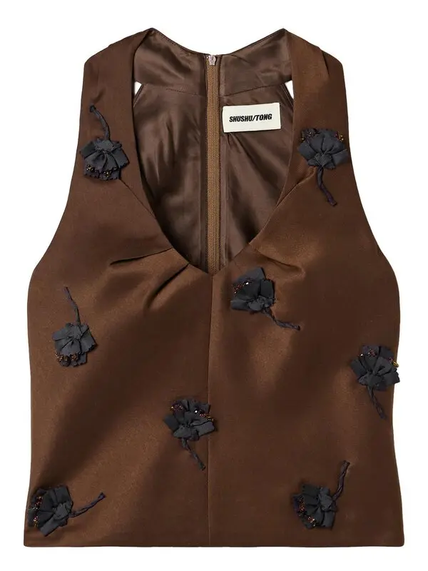 SHUSHU/TONG Appliquéd Embellished Satin Tank - Brown