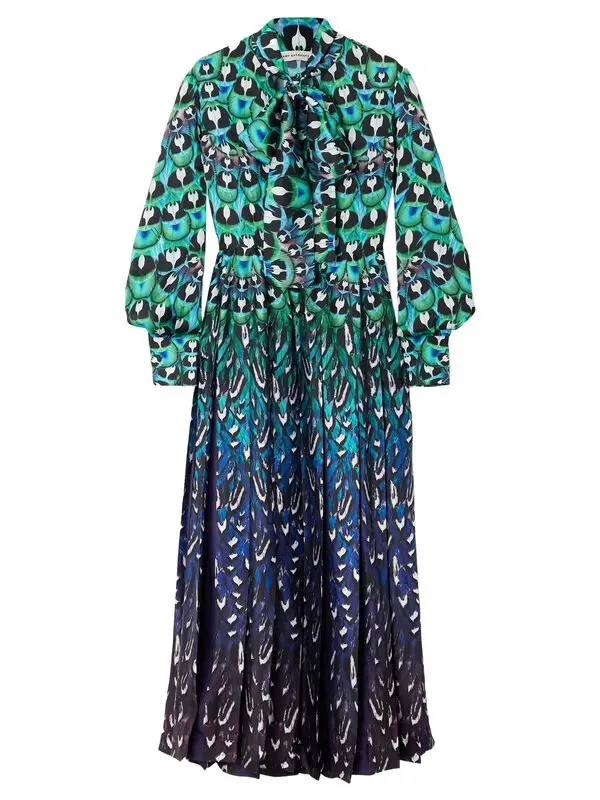 MARY KATRANTZOU Alexis Pussy-bow Pleated Printed Midi Dress - Blue