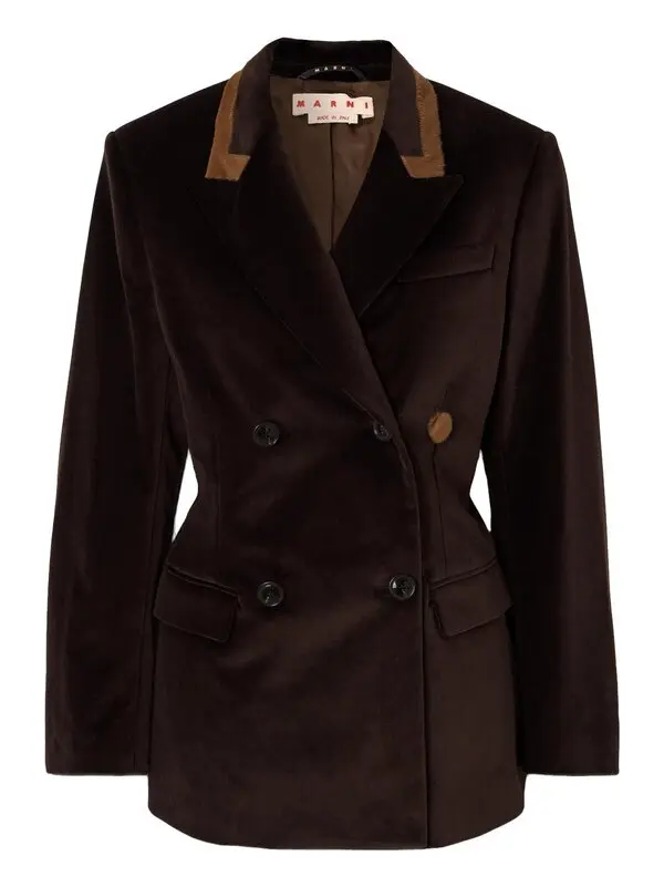 Marni Double-breasted Cotton-velvet Blazer With Calf Hair Trim - Brown