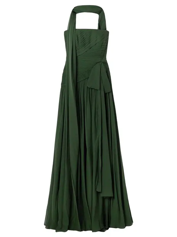 Elie Saab Scarf-detailed Pintucked Silk Crepe De Chine Gown - Green