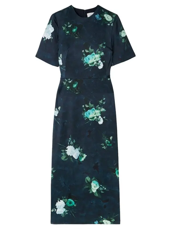 Erdem Floral-print Duchesse-satin Midi Dress - Blue