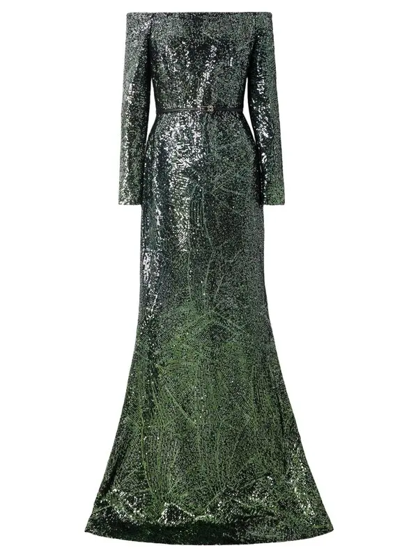 Elie Saab Off-the-shoulder Belted Sequined Gown - Green