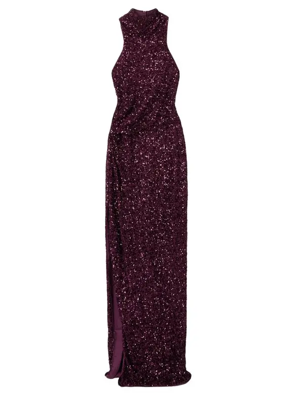 Balmain Gathered Sequined Stretch-tulle Halterneck Gown - Purple