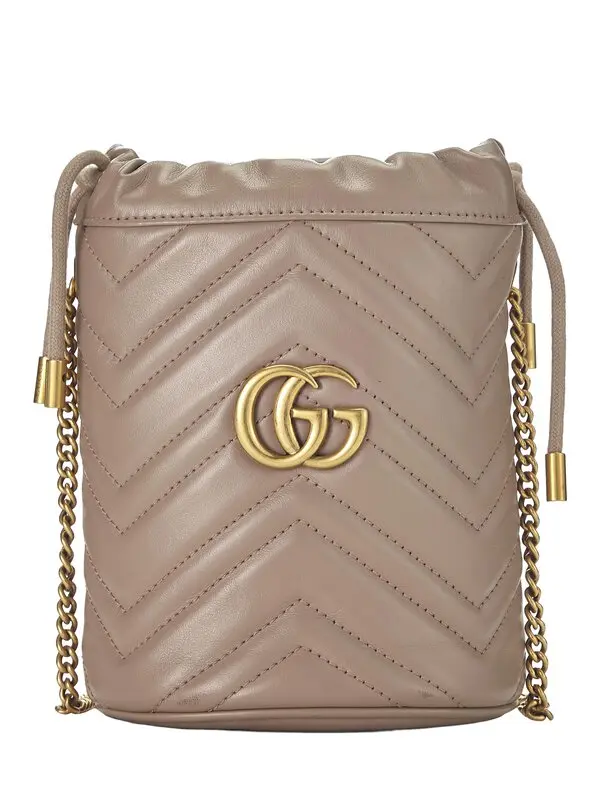 Gucci Leather Gg Marmont Chain Bucket Bag - Beige