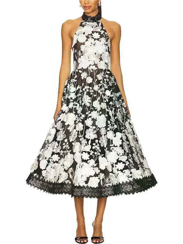 BRONX AND BRONCO Greta Bouquet Lace Midi Dress - Black