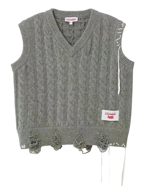 CHARLES JEFFREY Cable-knit Frayed Vest - Grey