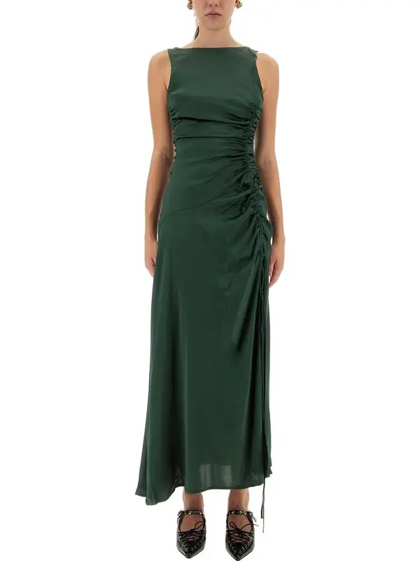 GANNI Gathered Satin Dress - Green