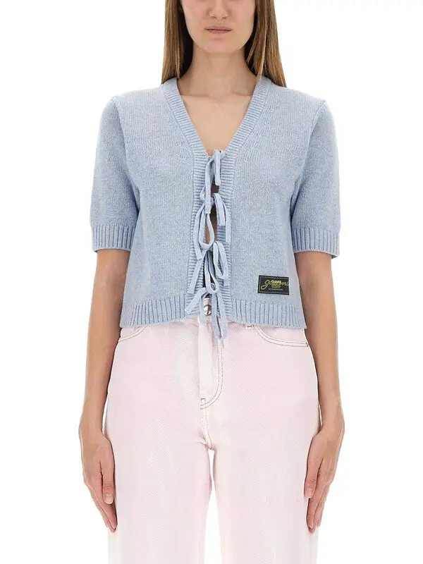 GANNI Cropped Bow Detailed Cardigan - Baby Blue