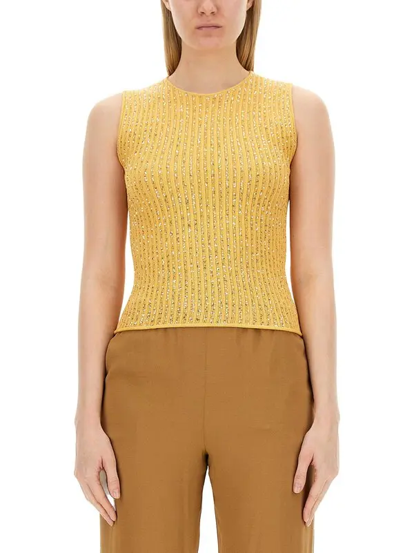 Fabiana Filippi Mesh Knit Top With Rhinestones - Yellow
