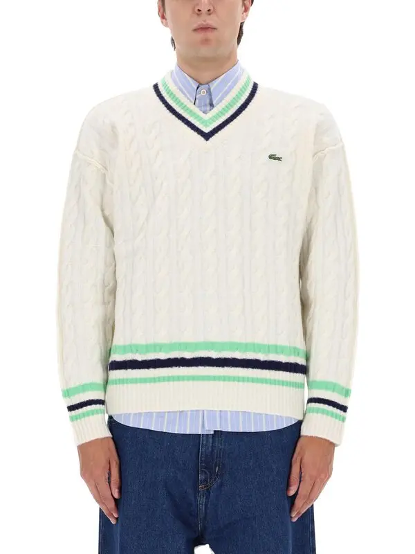 Lacoste Cable-knit V-neck Sweater - Ivory