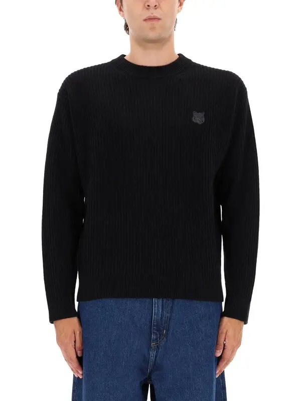 Maison Kitsuné Ribbed Knit With Fox Patch - Black
