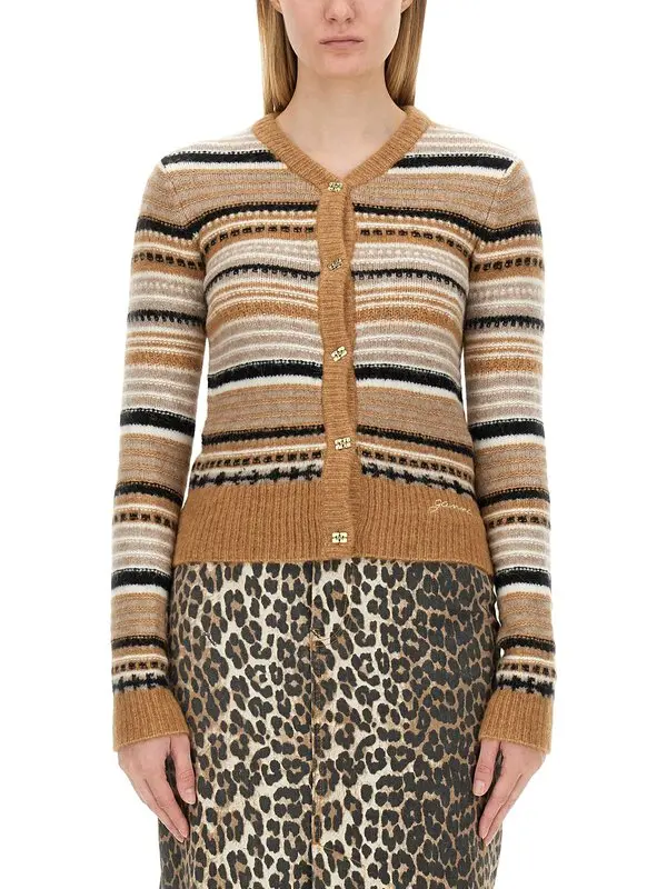 GANNI Striped Cardigan - Beige