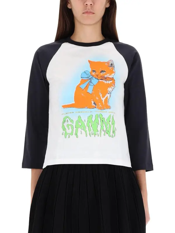 GANNI Cropped "kitty" T-shirt - White